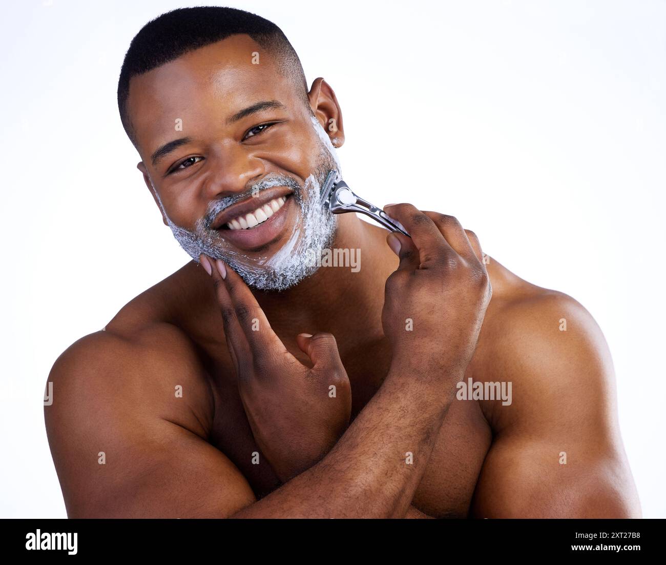 Happy black man, portrait and razor with shaving cream for grooming or ...