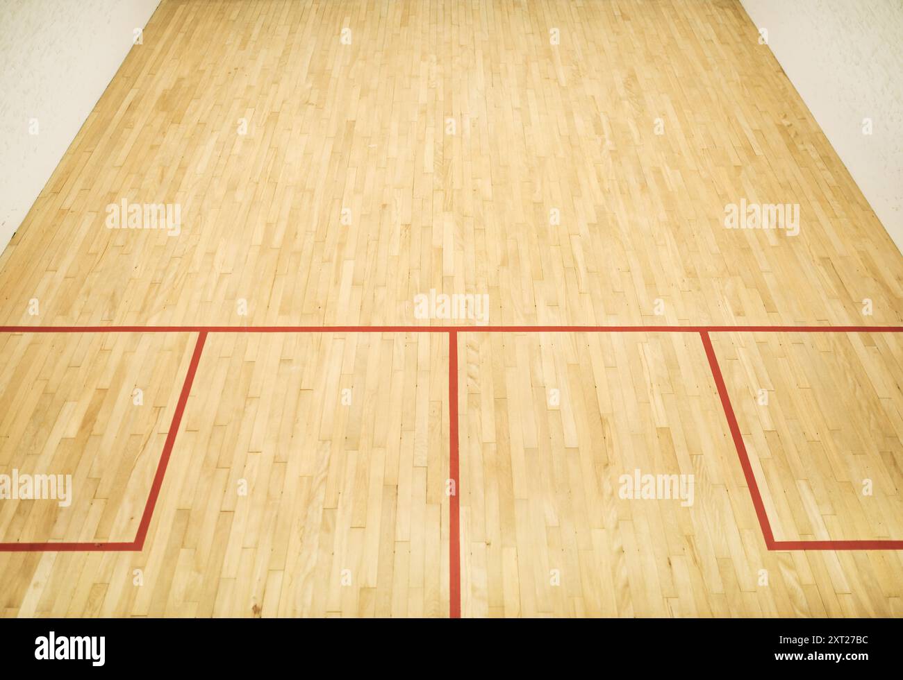 Squash, line and wood floor at gym or sport club with workout room and ...