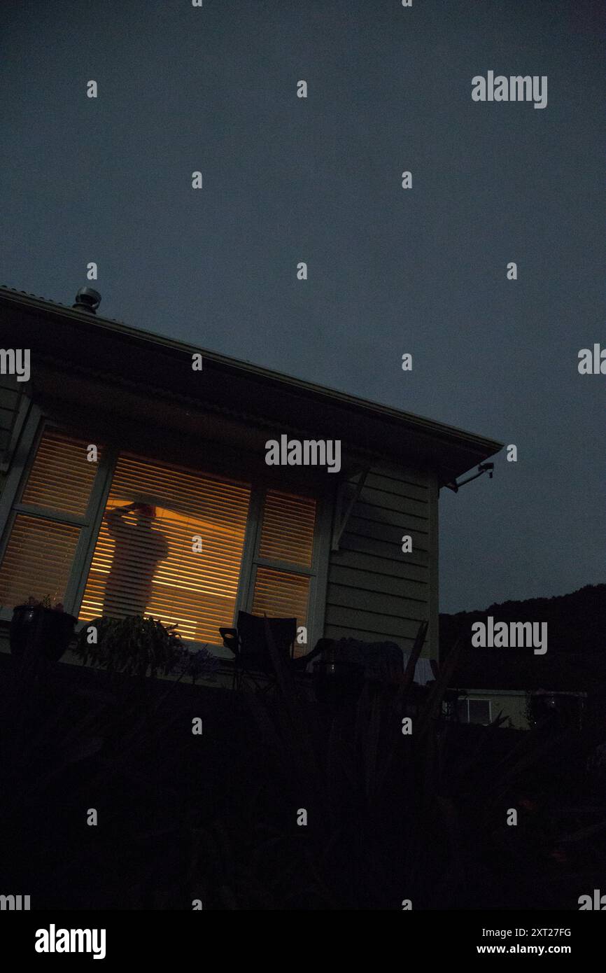 Silhouette of a person standing behind a window with blinds at night ...