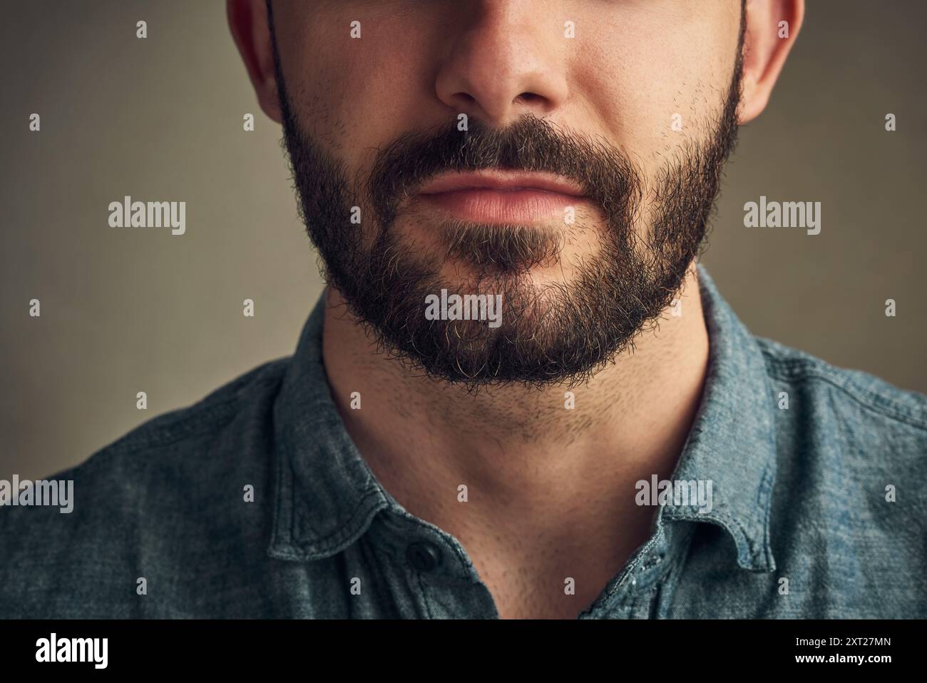 Beard, man and mouth on studio background for hair care, style and ...