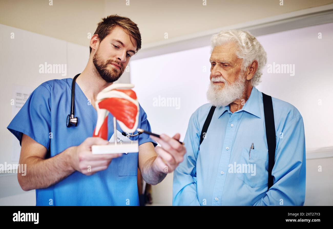 Anatomy, model and doctor with mature patient for demonstration for ...