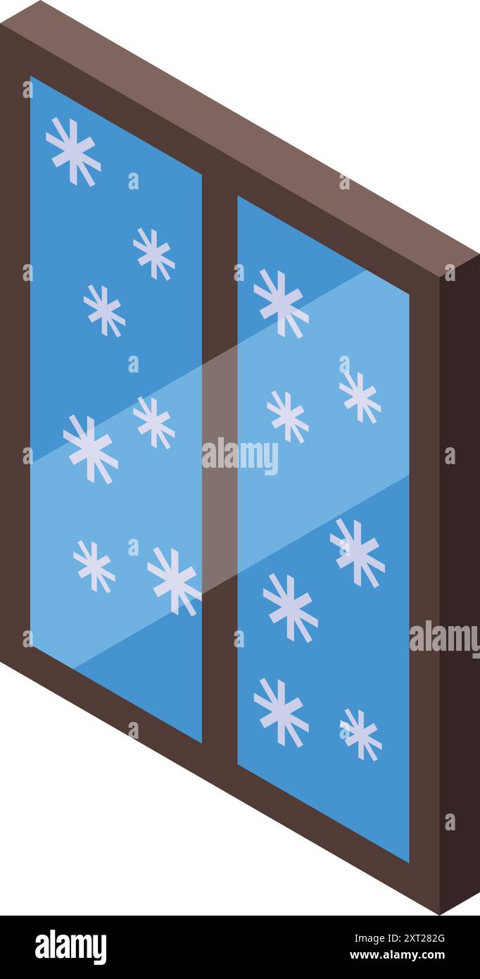 Isometric icon of a window showing snowflakes falling during a winter ...