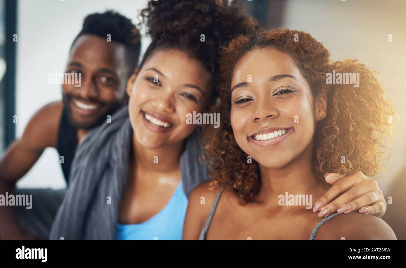 People, friends and happy with selfie for fitness at at gym with fun ...