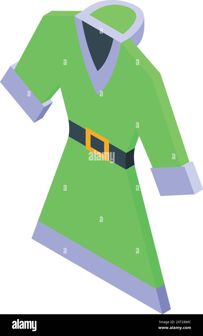 Green elf dress with a black belt is being displayed isometrically ...