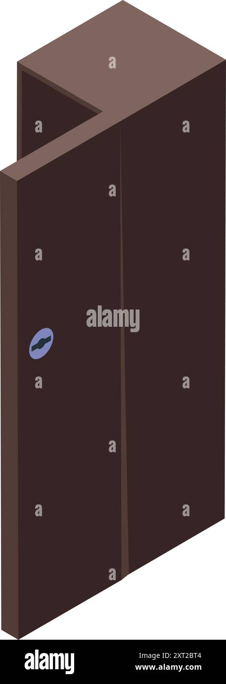 Brown wooden door with a handle is slightly open, showing an isometric ...