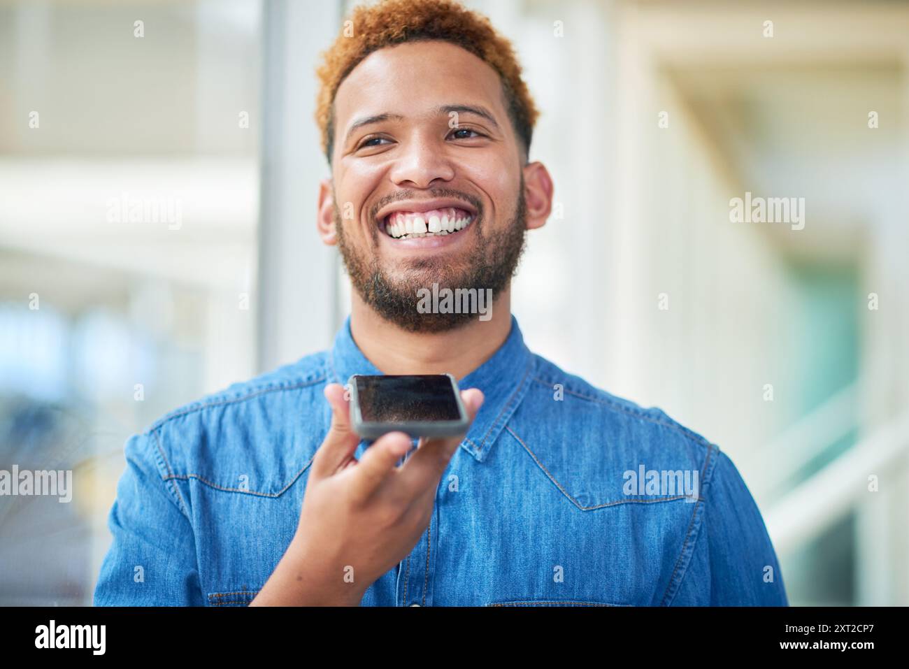 Happy, businessman and talking on speaker with phone for audio message ...