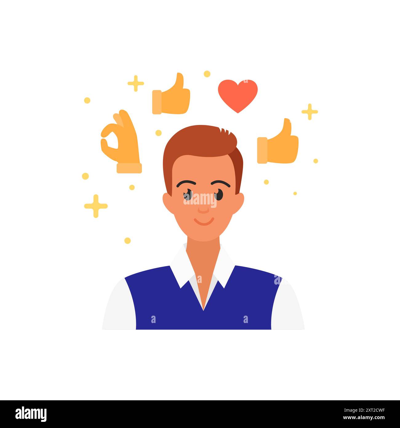 A smiling person surrounded by symbols of approval, including thumbs up ...