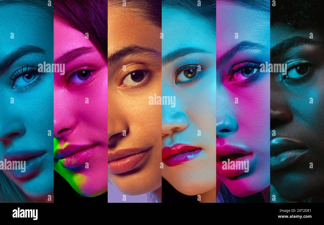 Collage made of beautiful women with different skin color, age and ...