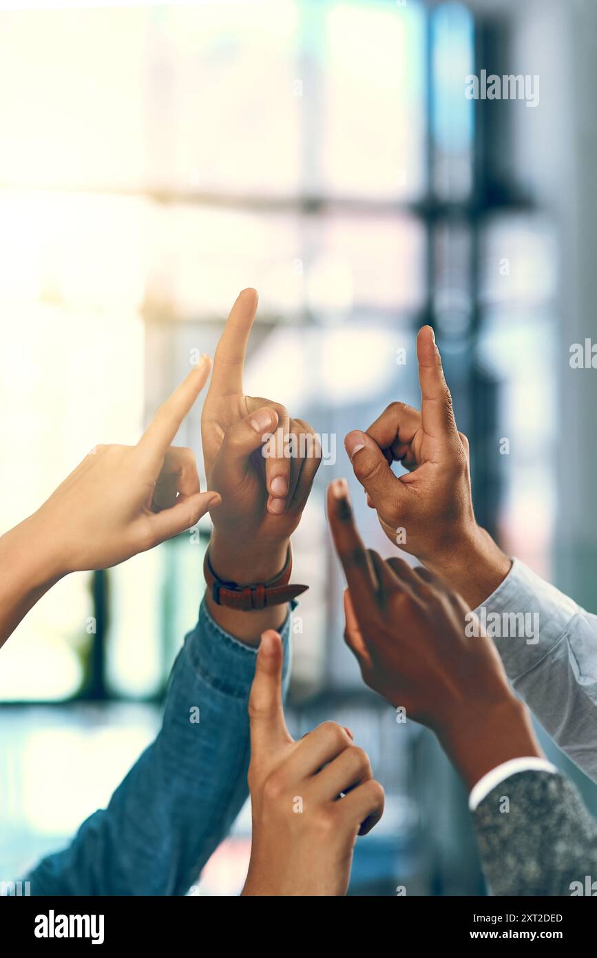 Business people, fingers and crowd question in office, feedback and ...