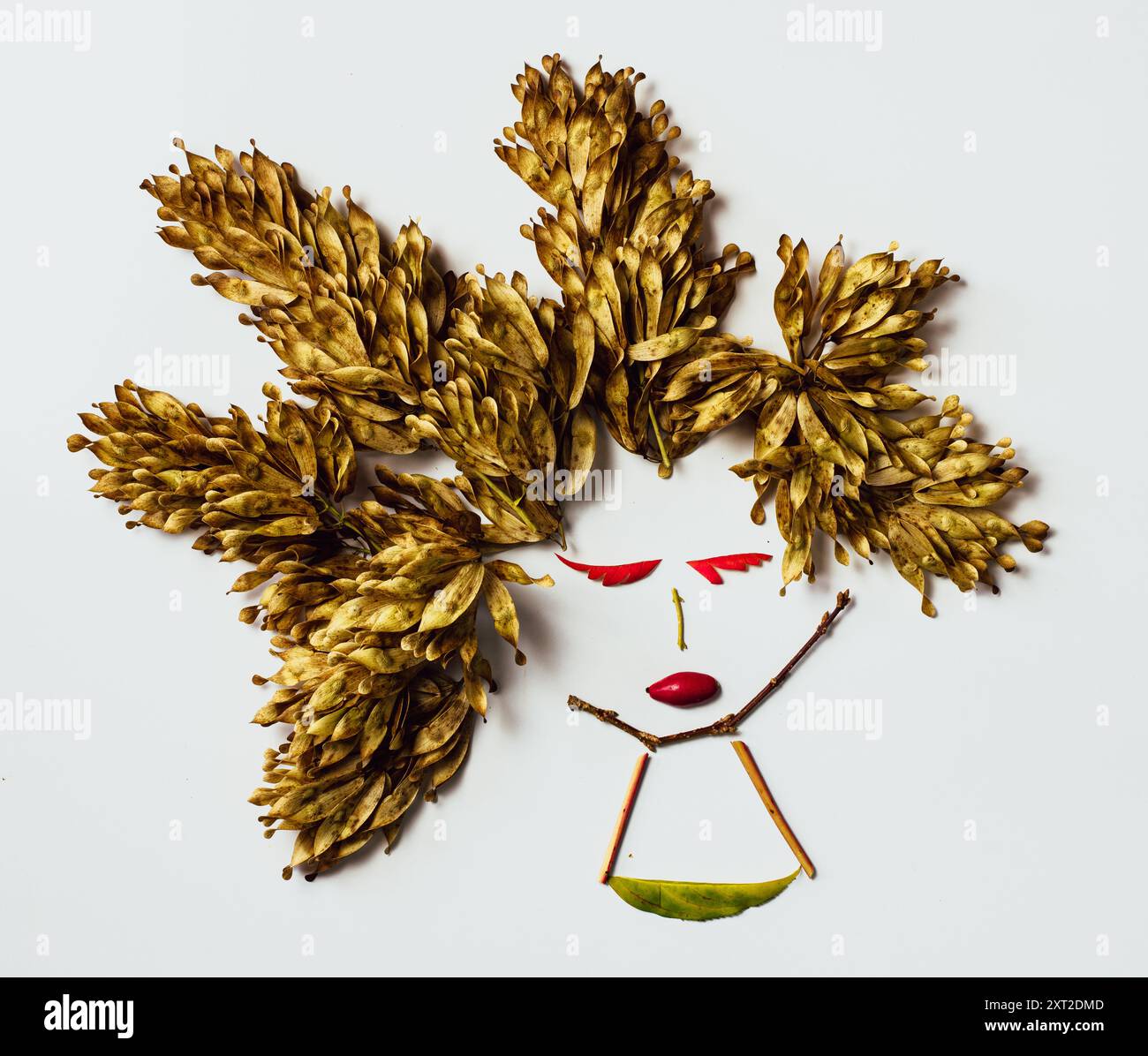 colorful woman face with huge hair made from vivid leaves, creativity ...