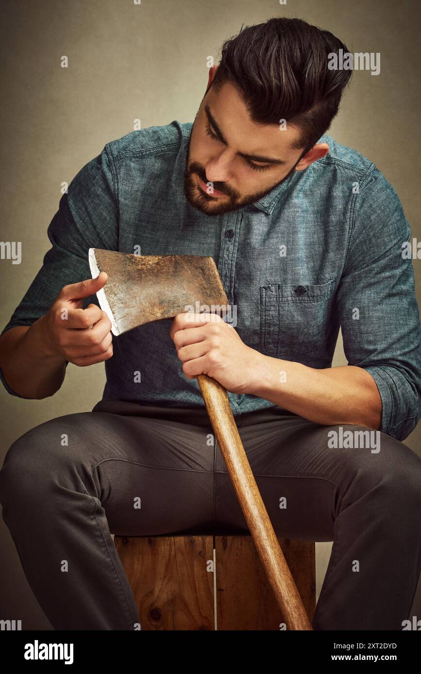 Man, lumberjack and axe with blade or weapon for wood, chopping or ...