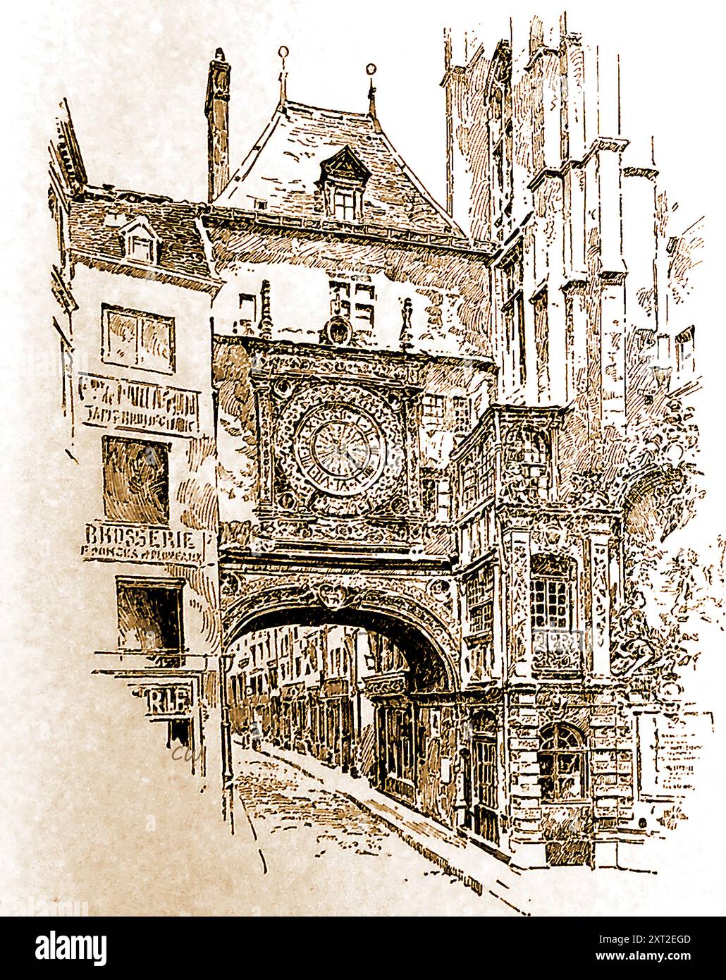 A 19th century engraving of a wrought iron clock in Rouen France known ...