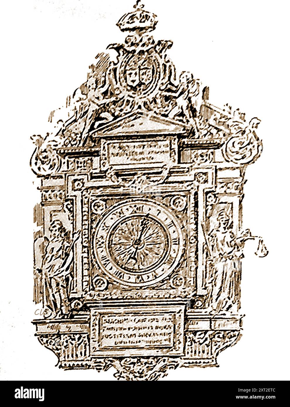 A 19th century engraving of a monumental clock in Paris, the first ...