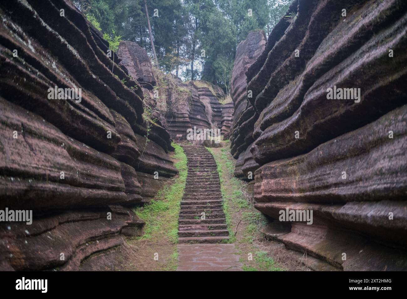 Narrow stone pathway winding through rugged, moss-covered rock ...
