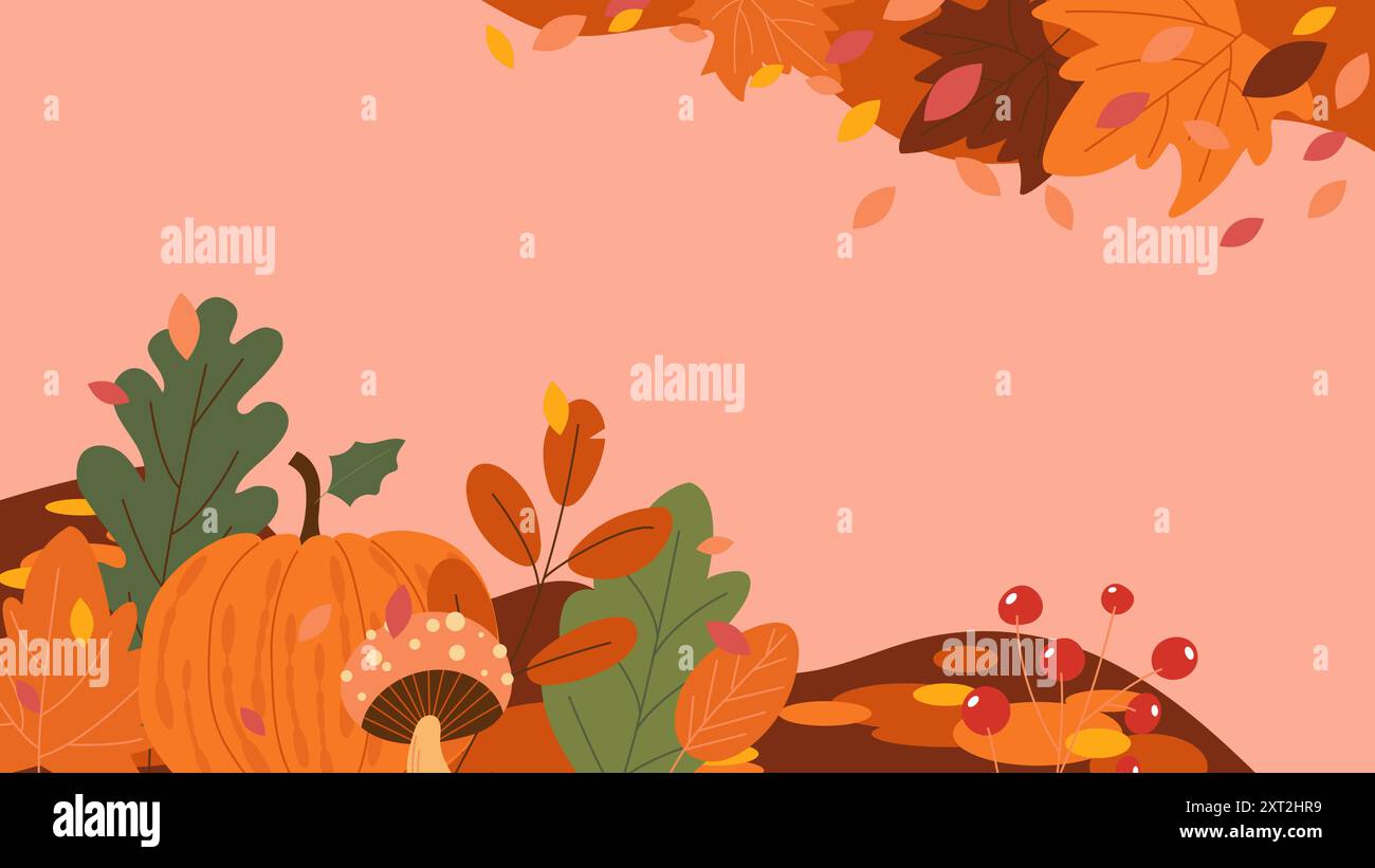 Hand-drawn autumn background with pumpkins and maple leaves, welcome ...