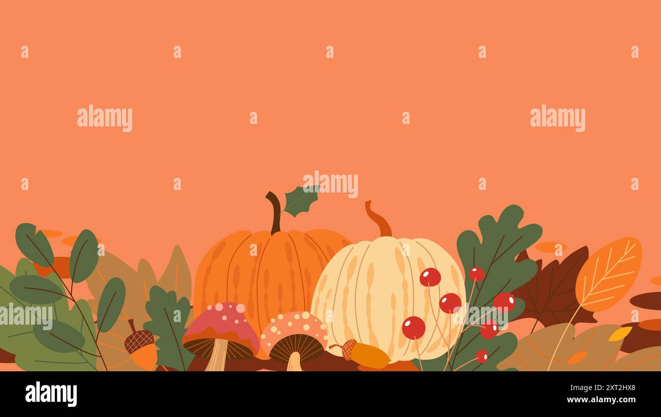 Hand-drawn autumn background with pumpkins and maple leaves, welcome ...