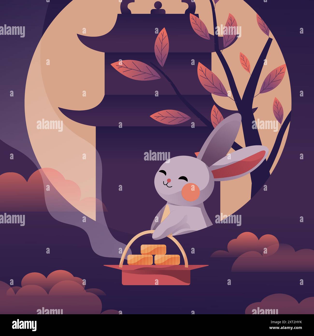 A little rabbit in the moon pulling out a basket of mooncakes, an ...