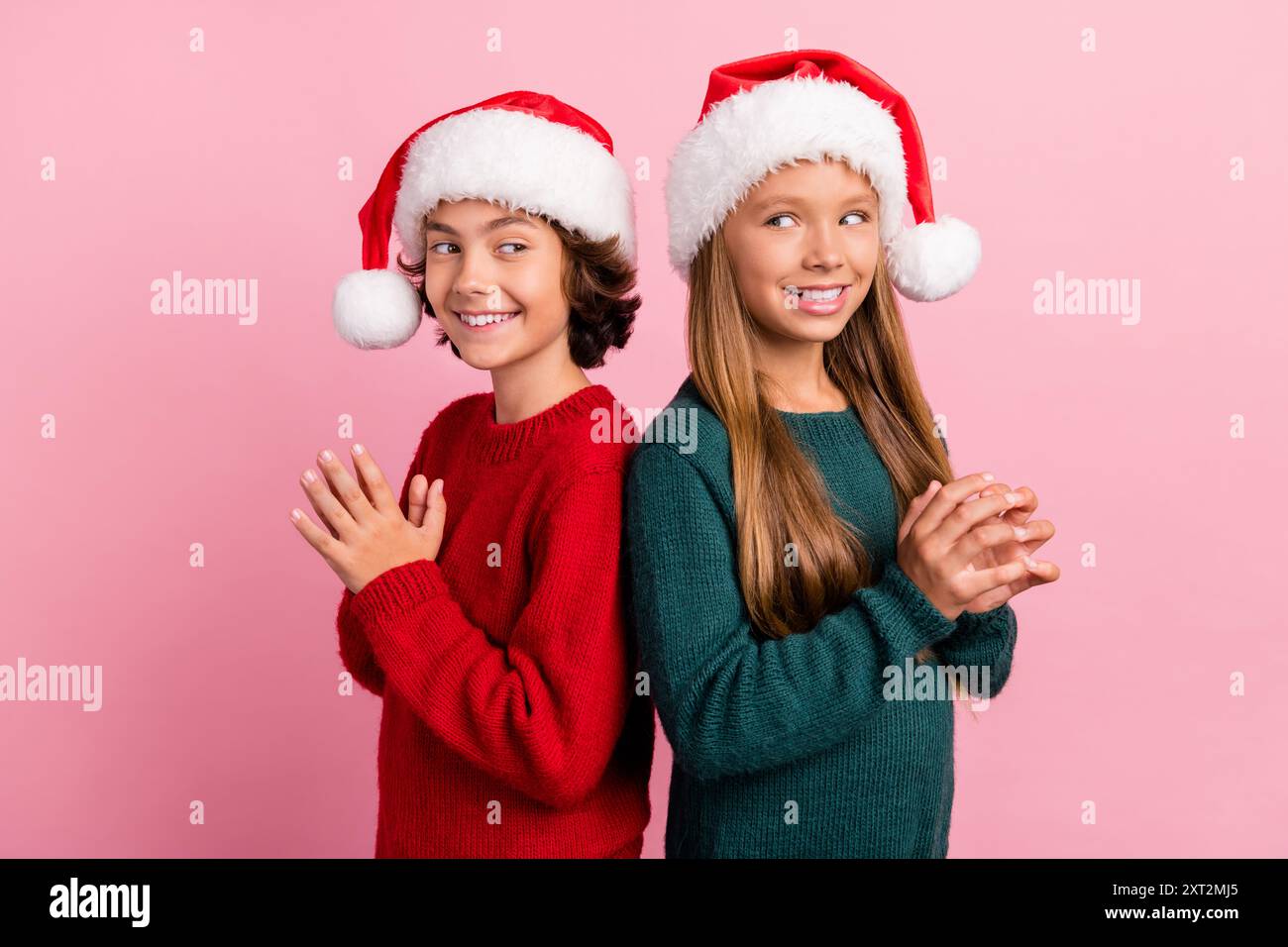 Photo of positive two kids boy girl think dream cunning on christmas ...
