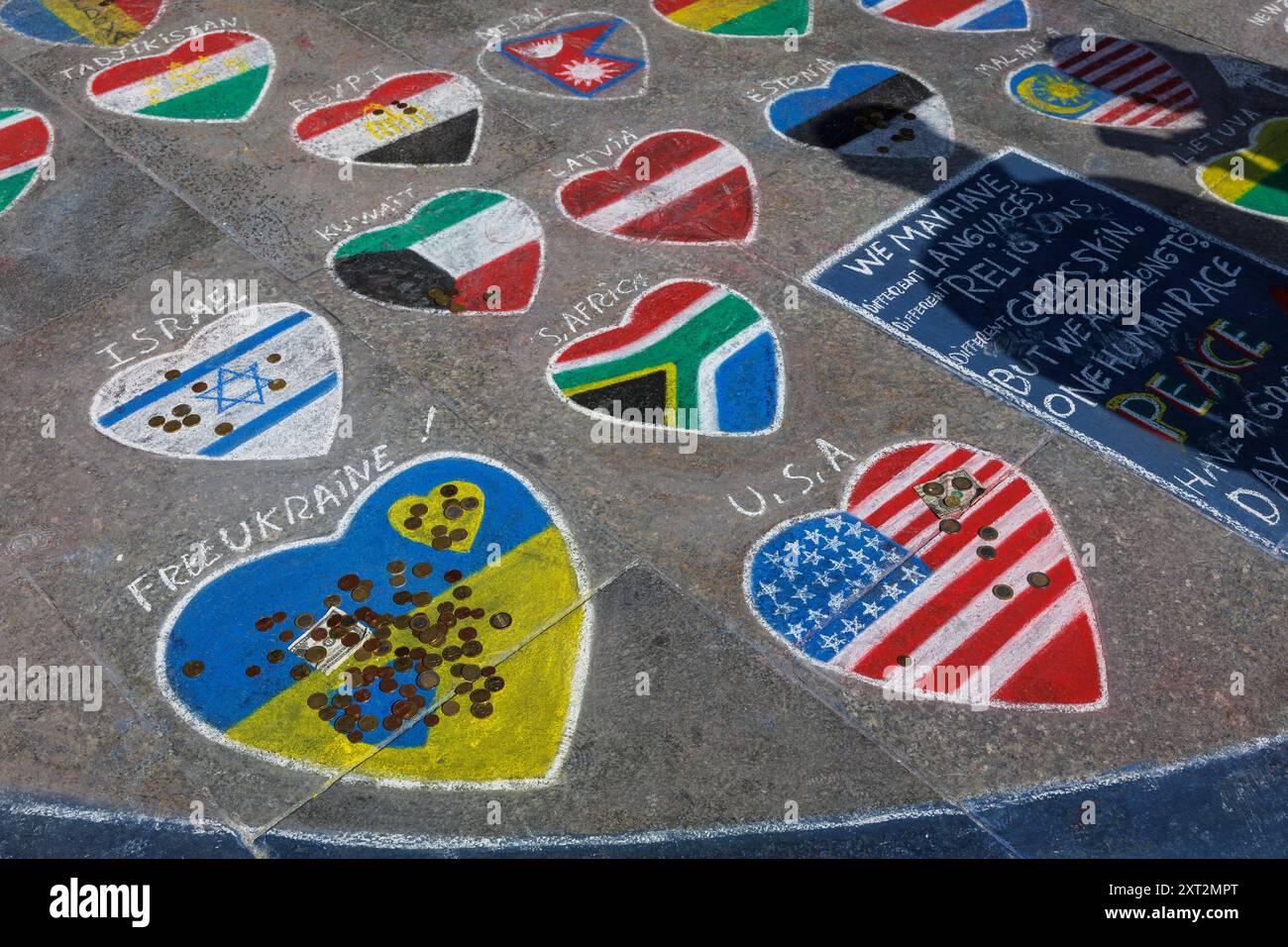 painting of a pavement painter in front of the cathedral, flags of ...