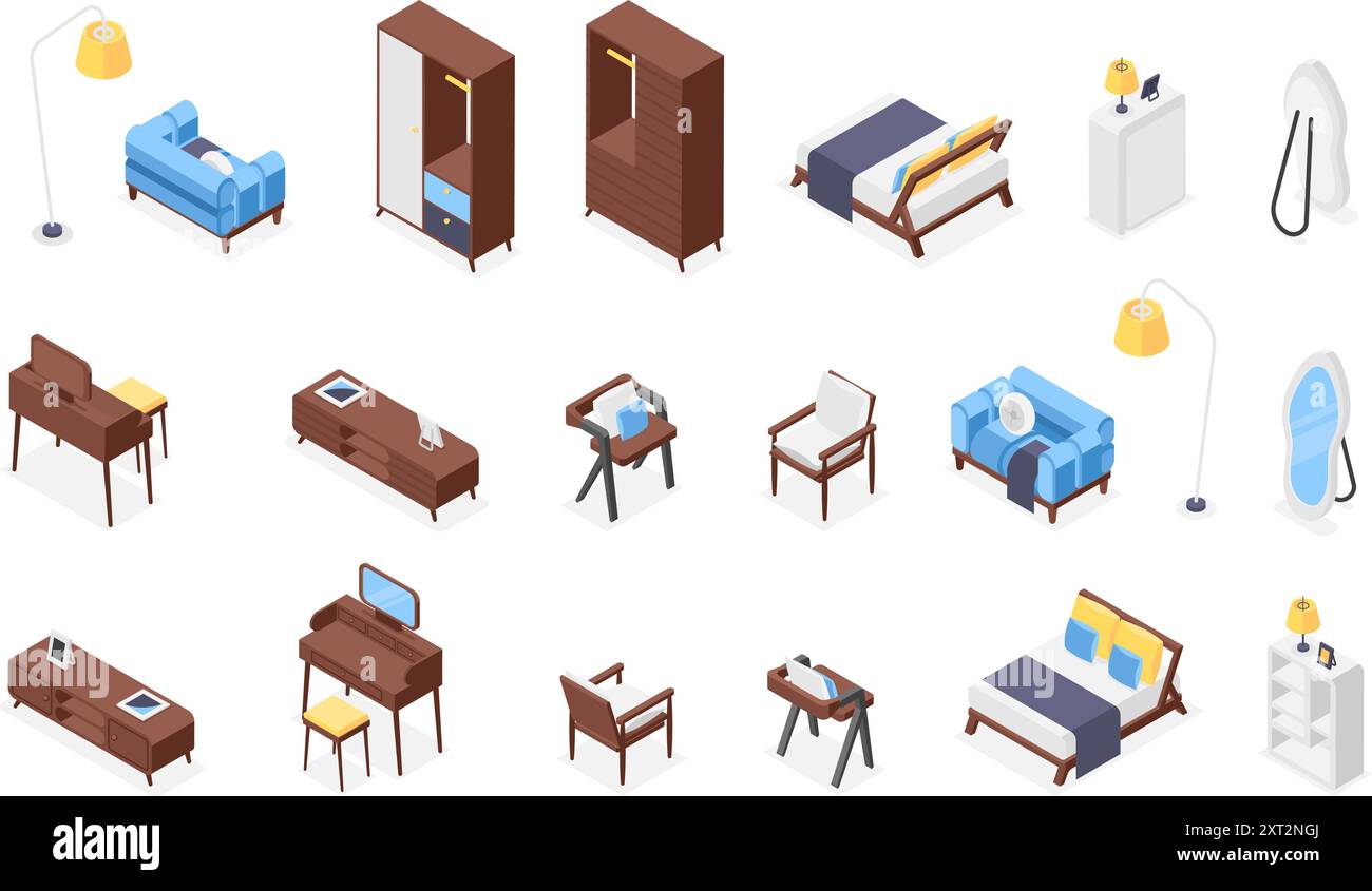 Isometric home furniture. Chair stool bed sofa lamp mirror and dressing ...