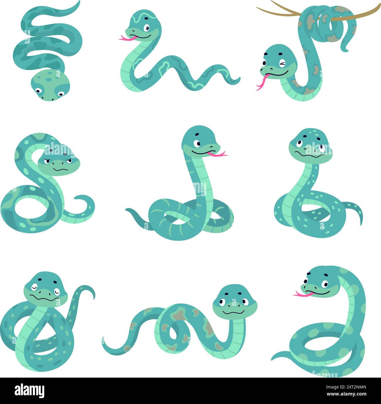 Cartoon snake. Funny snakes in different poses. Isolated reptiles ...