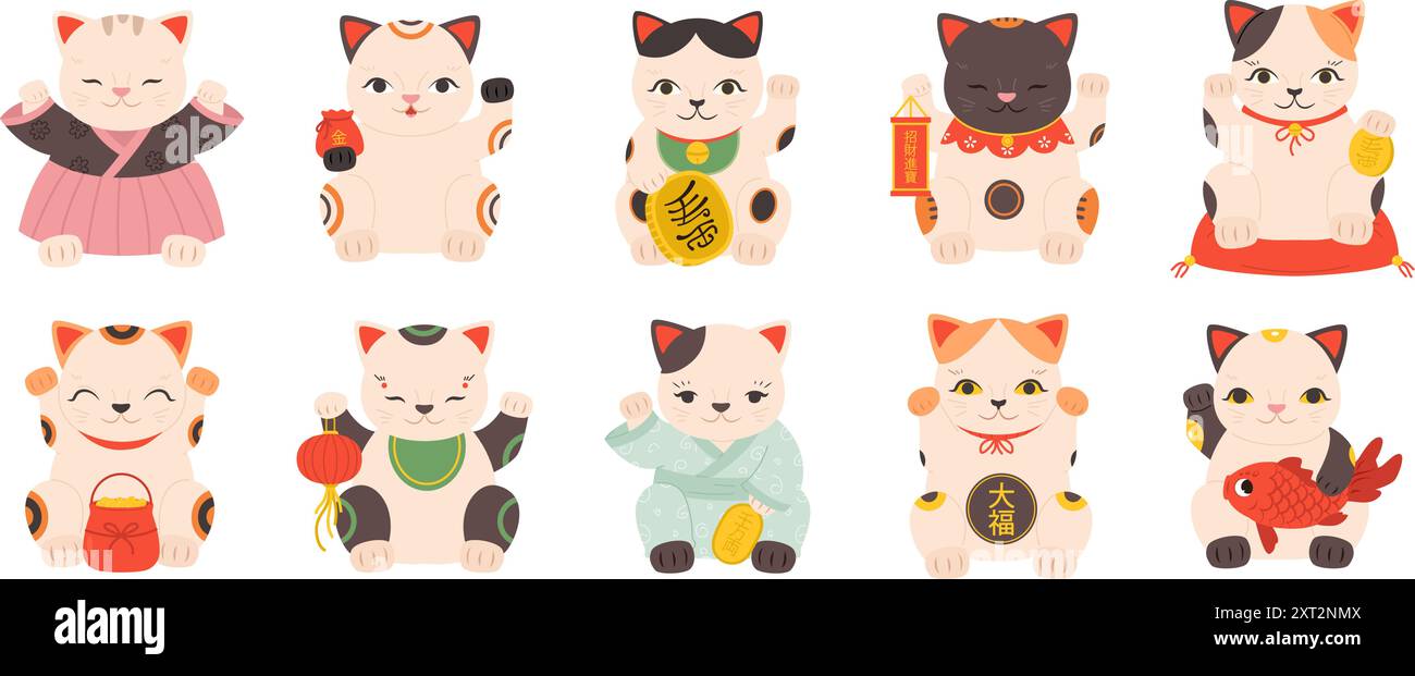 Traditional japanese maneki cat. Neko cats cartoon isolated characters. Luck and wealth asian ...