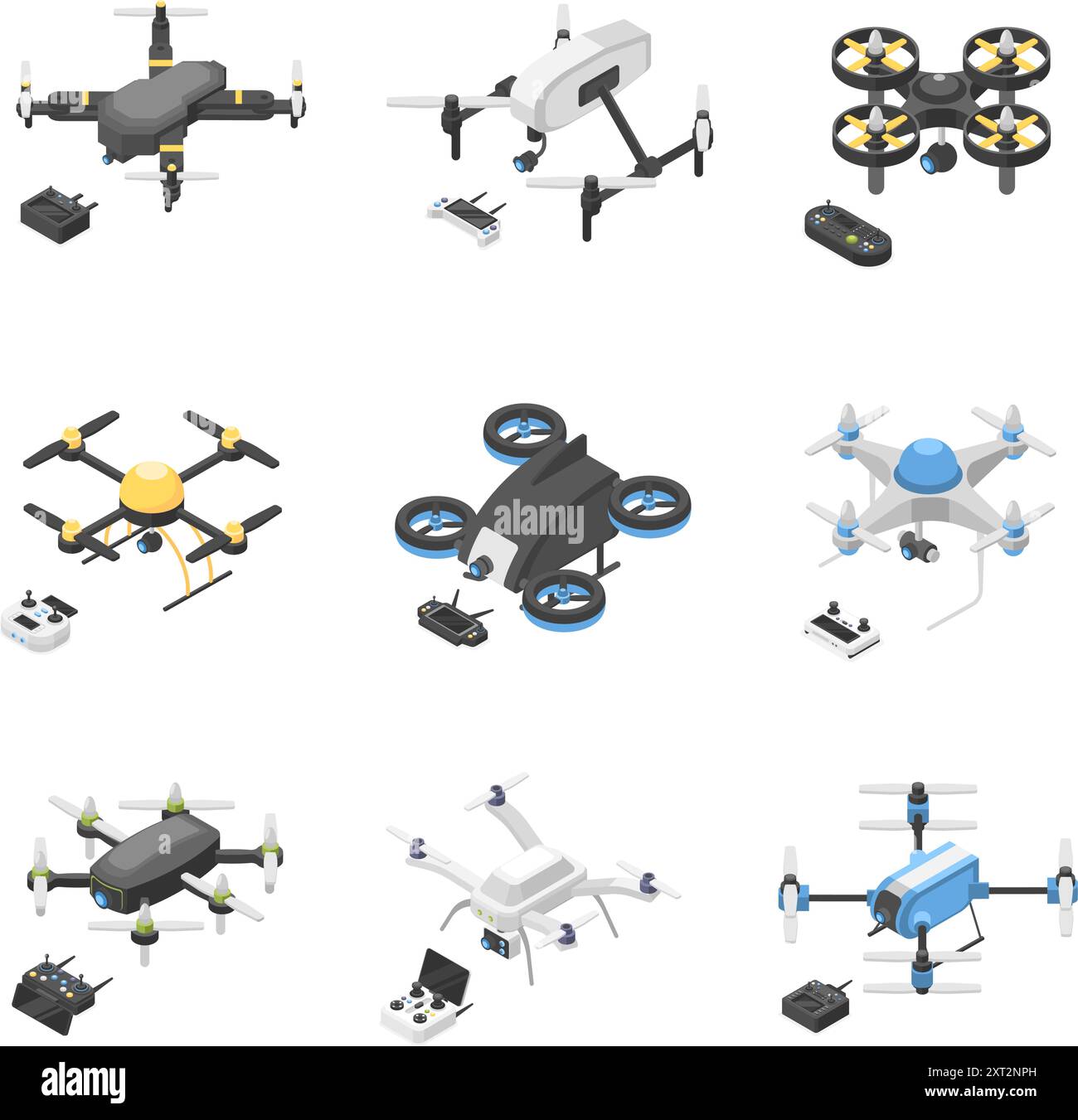 Isometric quadcopter. Drones with joysticks and remote controllers for video cctv top view photo ...
