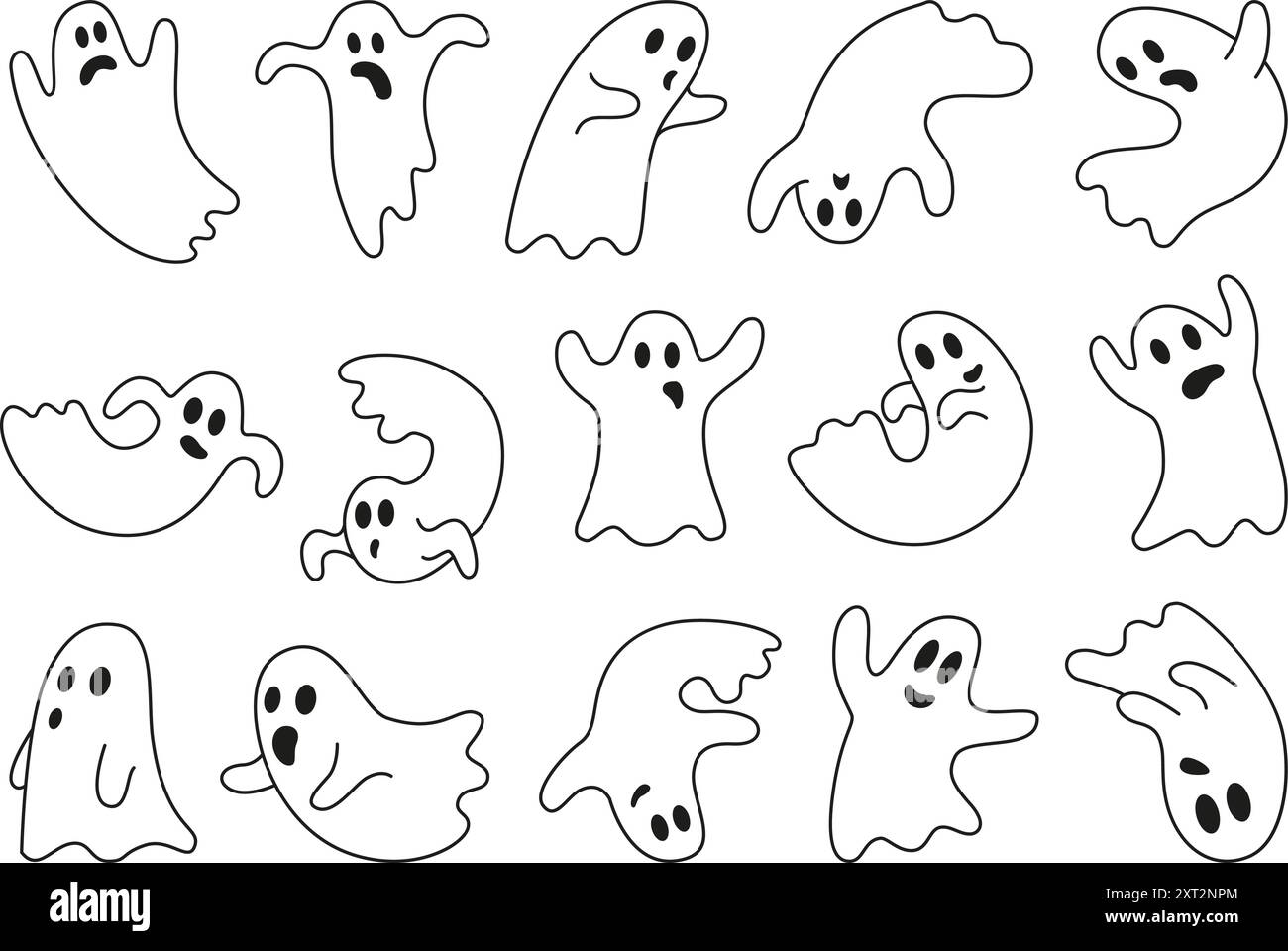 Doodle ghosts. Outline cartoon ghost different poses. Scary frightening ...
