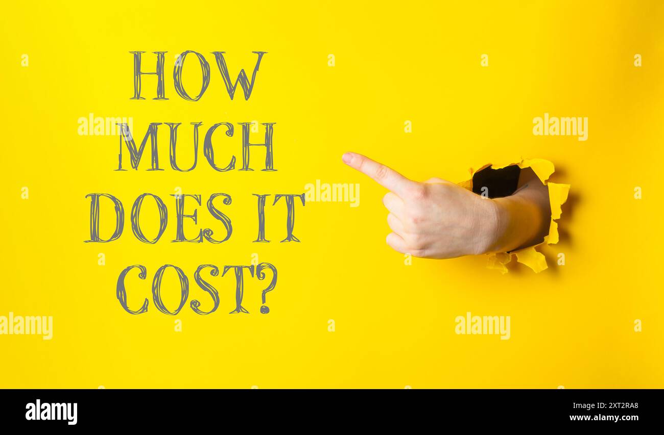 A hand pointing to a yellow wall with the words How much does it cost ...