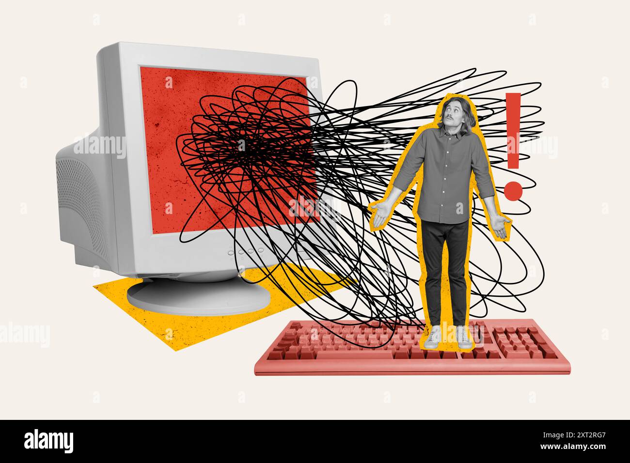 Composite collage image of confused scared man monitor computer warning ...