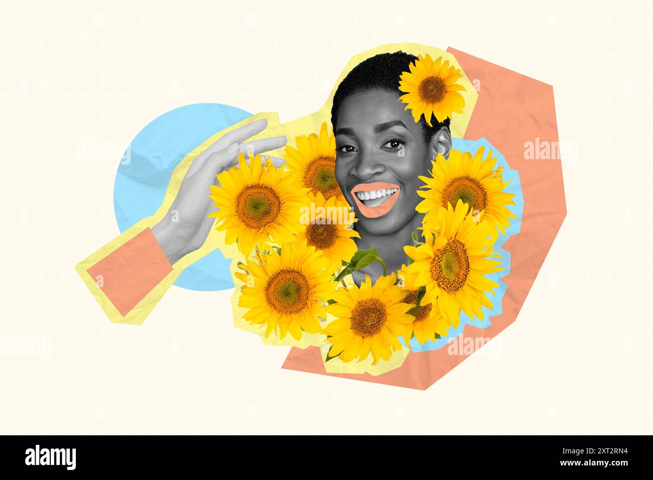 Composite collage image of funny african female sunflower flowers ...