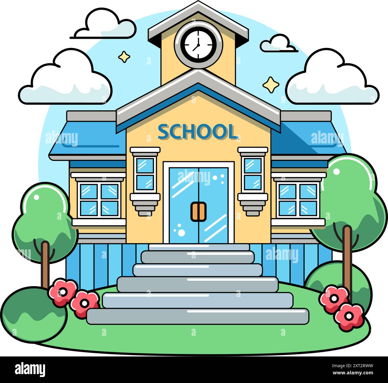 A school building with a clock and windows, doors and stairs. Green ...