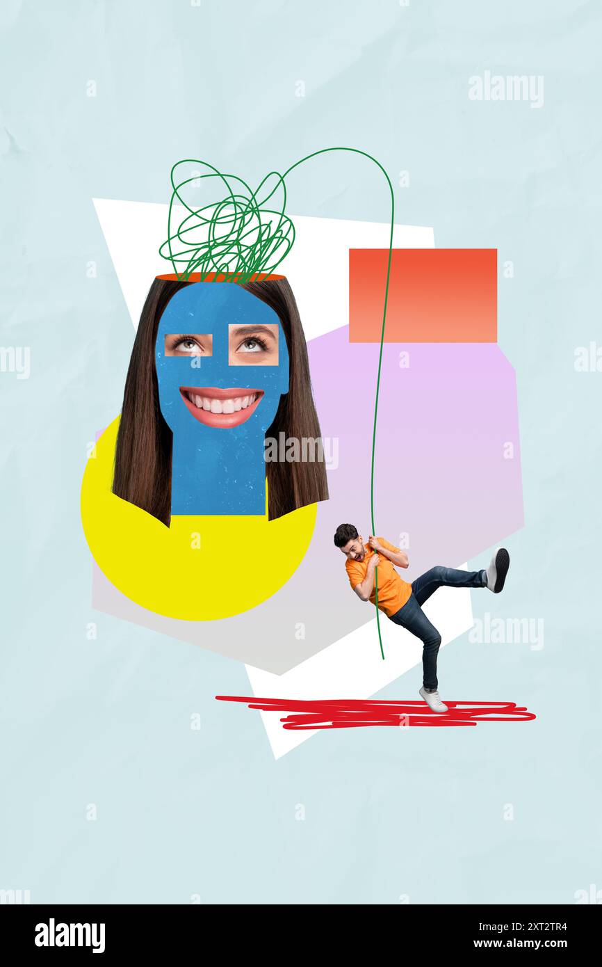 Composite collage image of female head tangled thoughts minded hanging ...