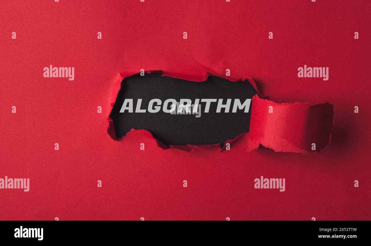 A red background features a partially cut-out black word, creating a ...