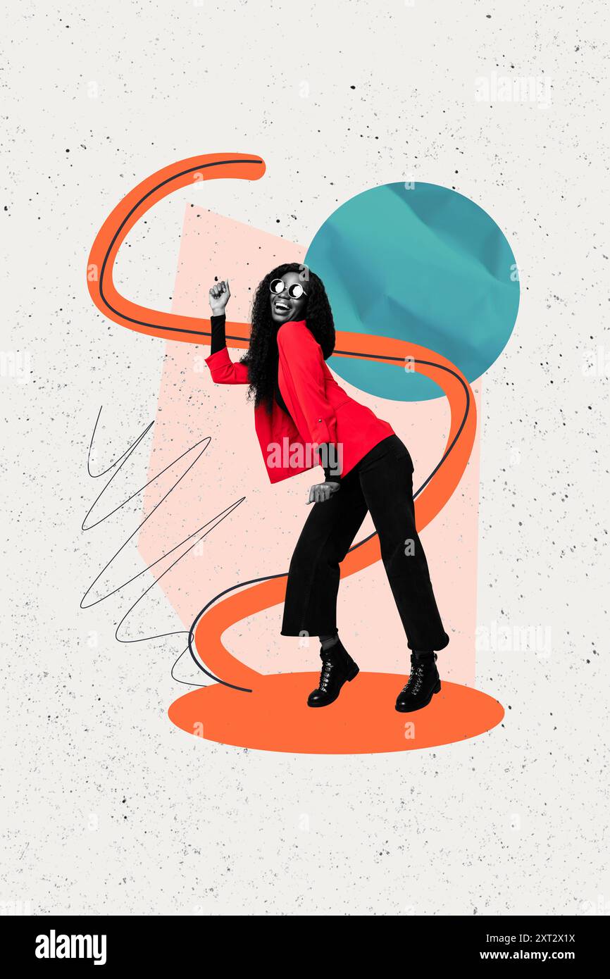 Vertical poster collage young cheerful woman rejoice dance funky ...