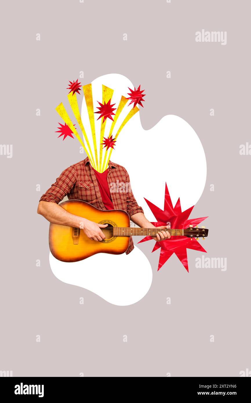 Vertical poster collage young headless man guitarist player acoustic ...