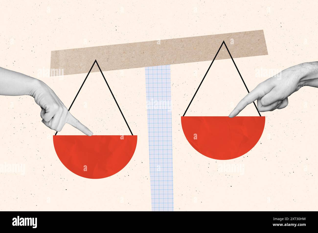 Creative photo collage geometry figures scales platform weight hands ...