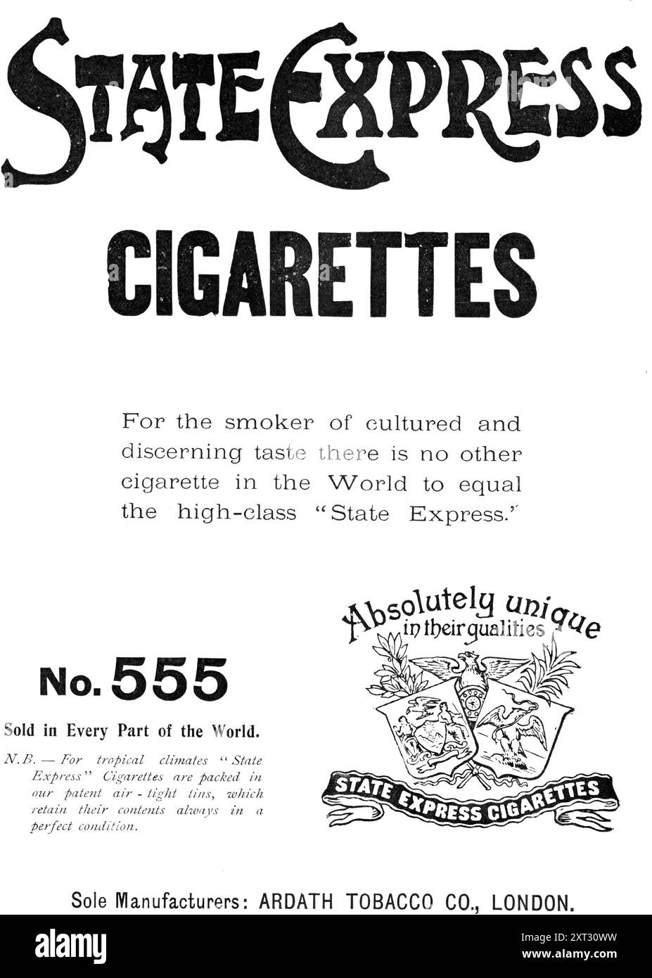 State Express cigarettes, 1909. 'For the smoker of cultured and ...