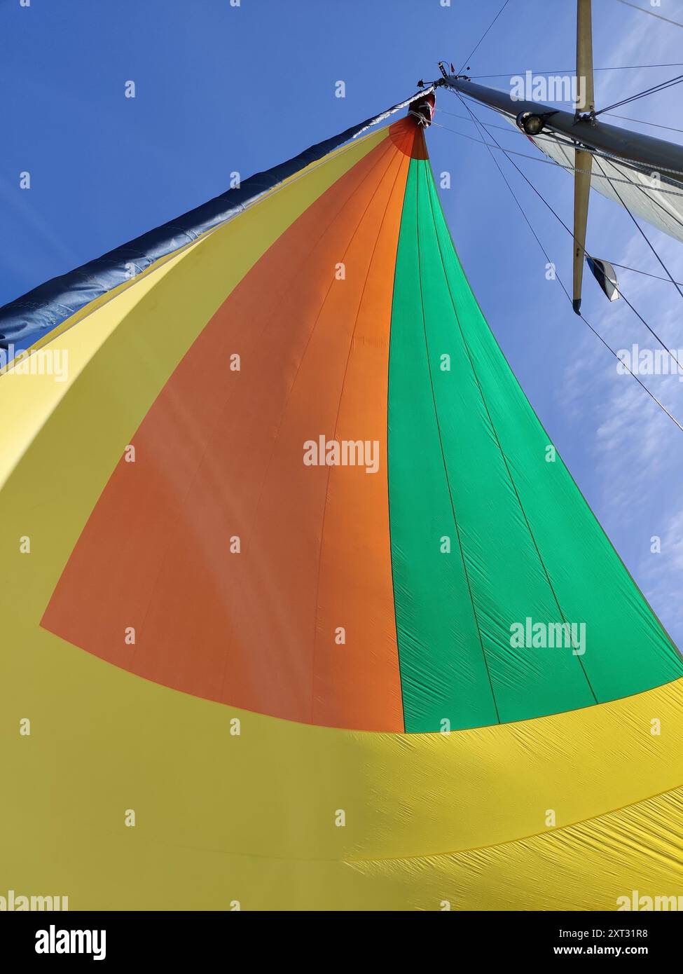 Colorful gennaker sail of a sailing yacht in the wind, sailing on the ...