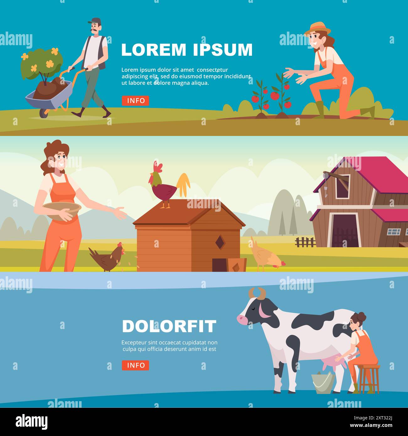 farmers banners. working happy farmers milking cow feeding chickens ...