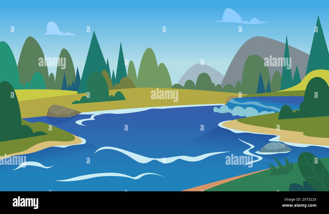 river. cartoon outdoor background with fast river landscape Stock ...