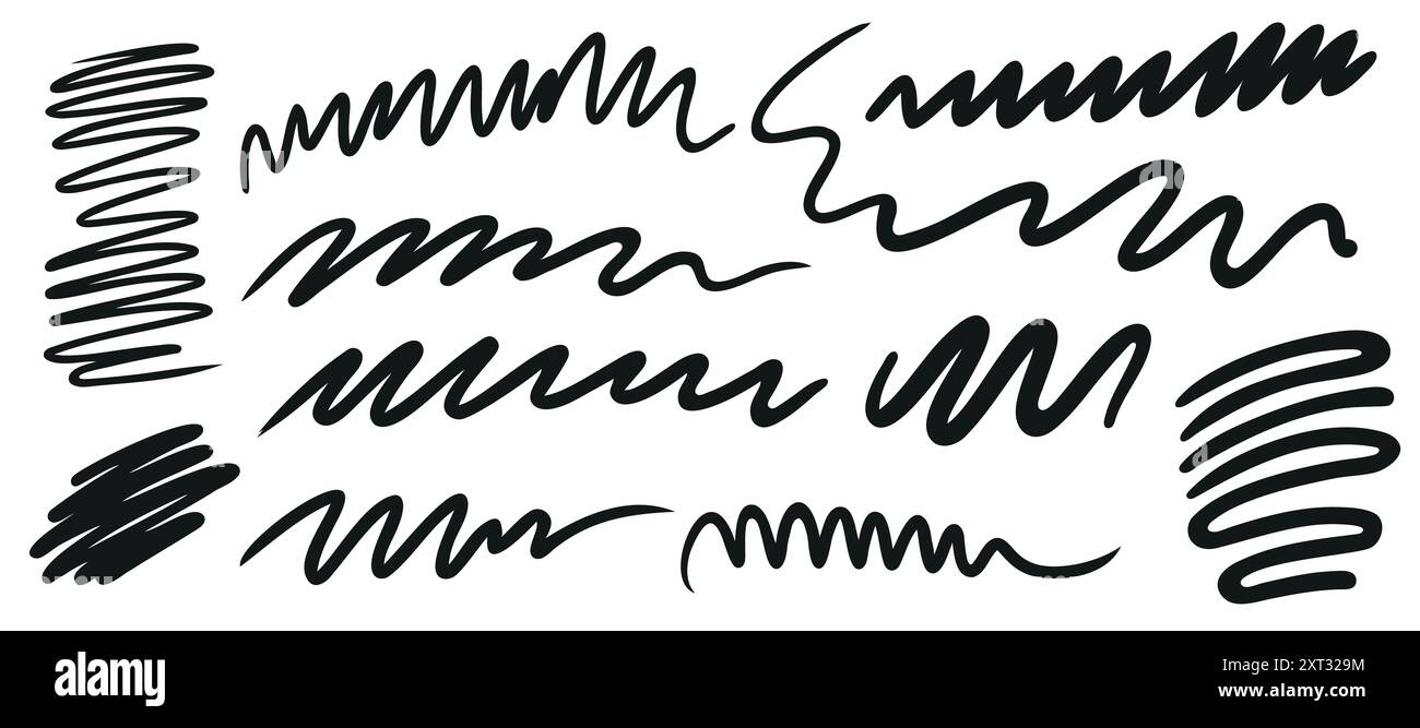 Charcoal pencil, swirls and squiggles. Set of brush strokes. Hand drawn ...