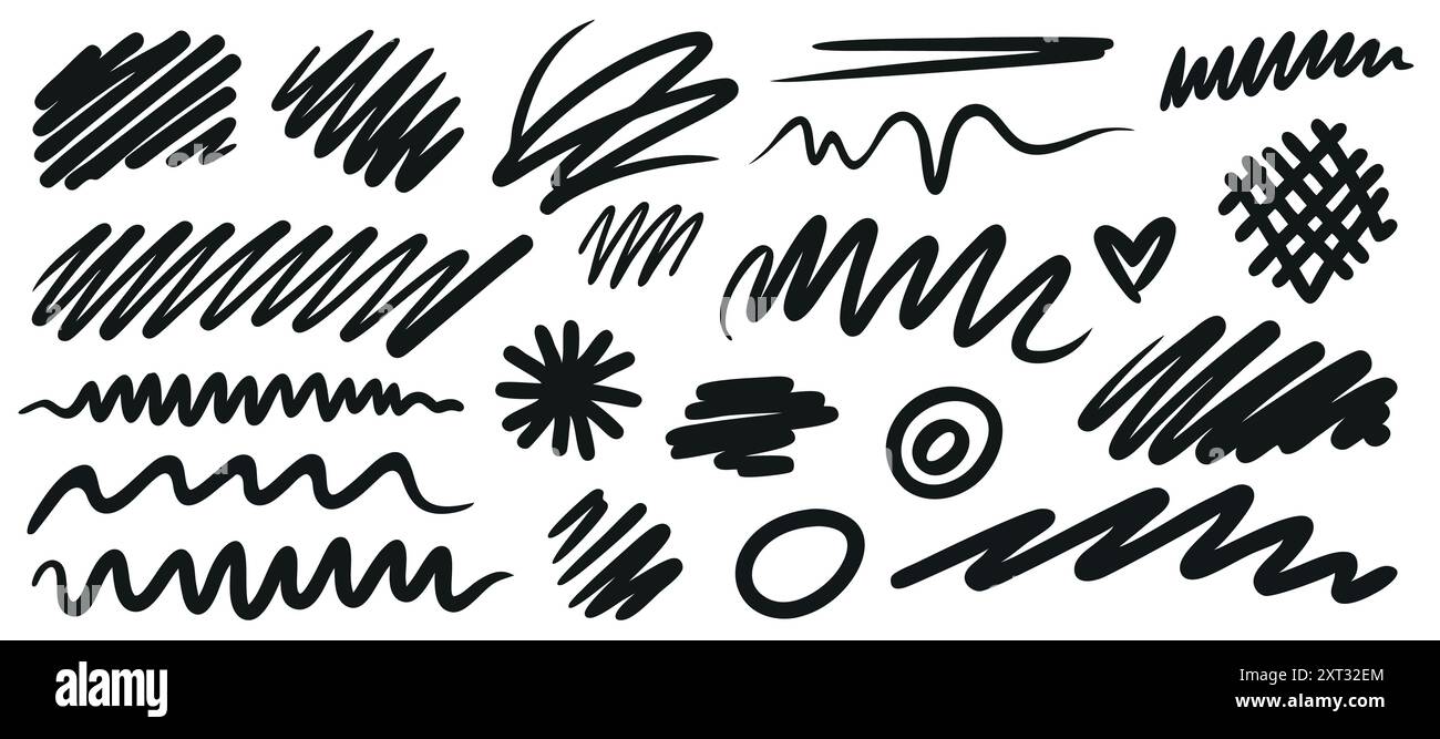 Charcoal pencil, swirls and squiggles. Set of brush strokes. Hand drawn ...