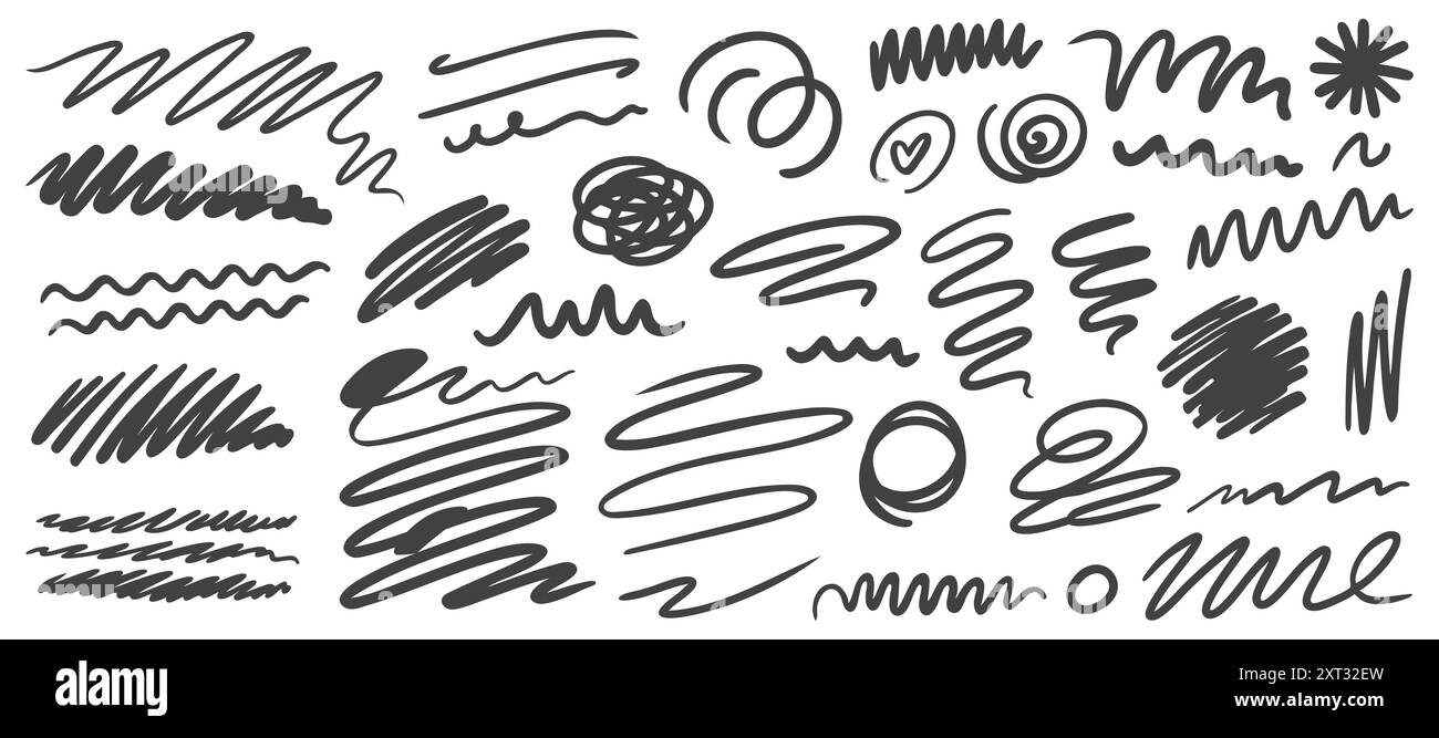 Charcoal pencil, swirls and squiggles. Set of brush strokes. Hand drawn ...