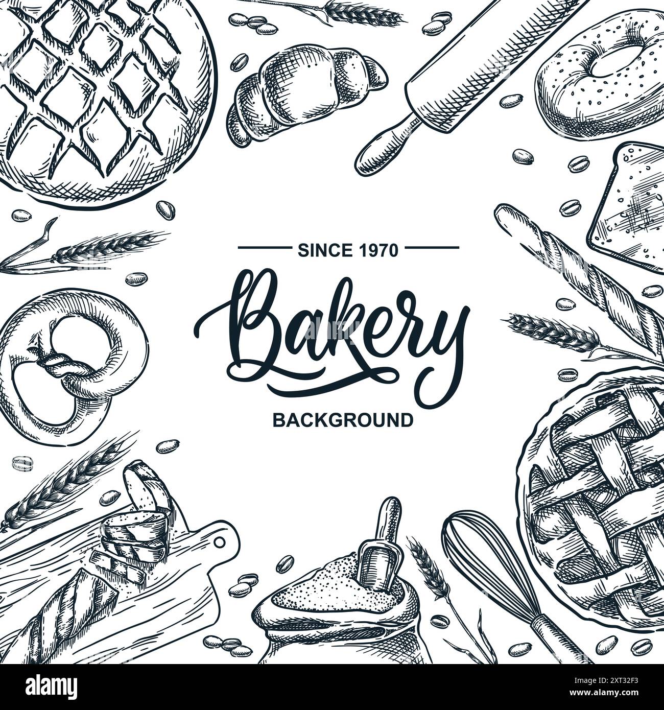 Fresh pastry and baking bread, croissant, bagel and bun. Vector hand ...