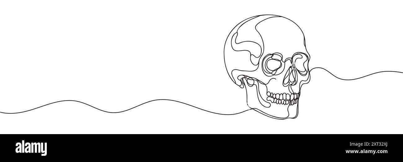 Human scull. One line continuous Halloween skull isolated on white ...