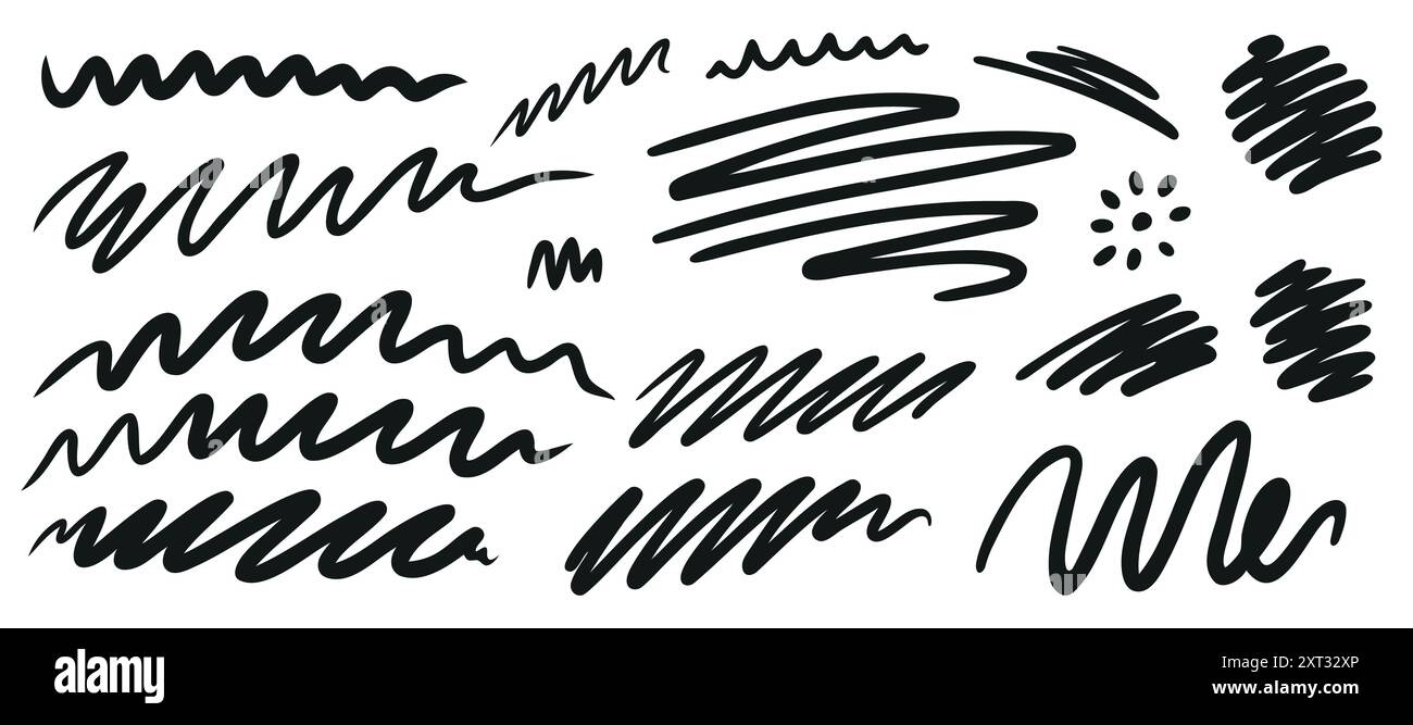 Charcoal pencil, swirls and squiggles. Set of brush strokes. Hand drawn ...