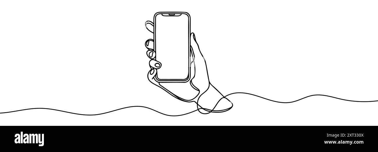 Continuous one line drawing mobile phone screens. Holding smartphone ...