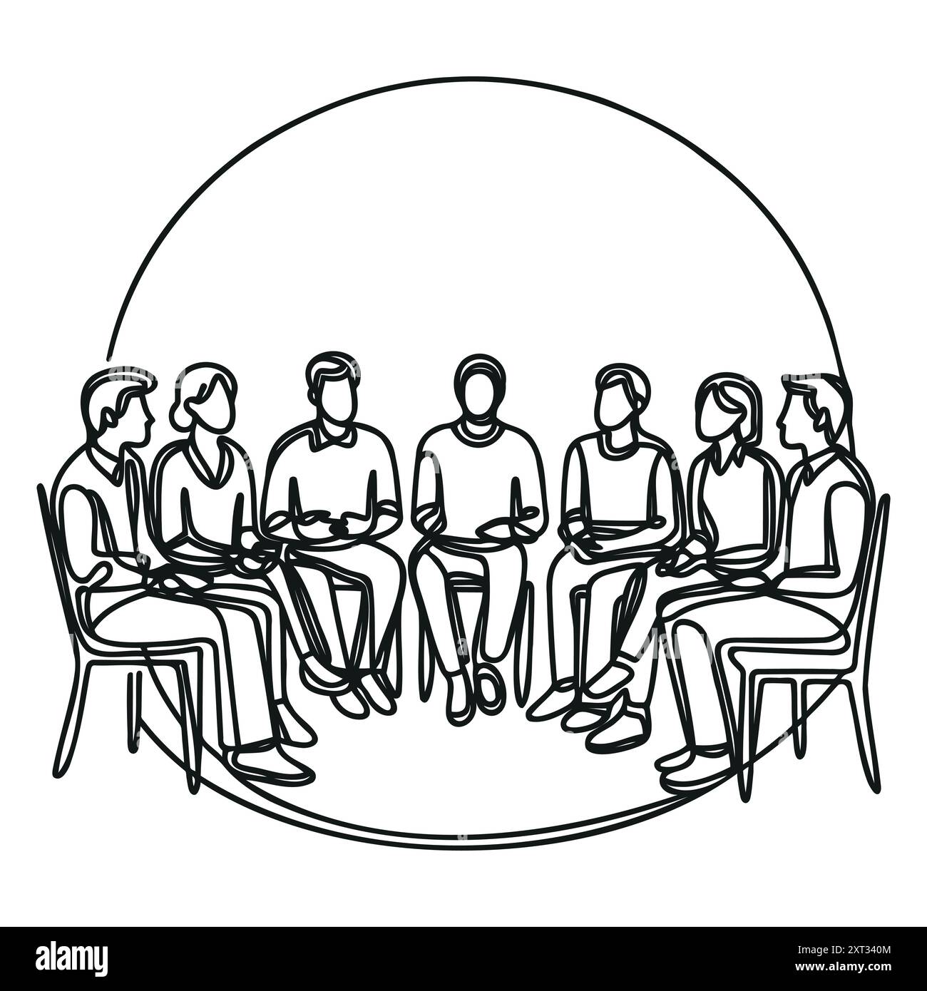 group of people sitting in a circle for a discussion or meeting drawn ...