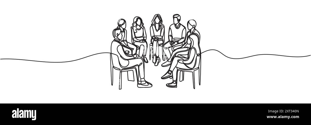 group of people sitting in a circle for a discussion or meeting drawn ...